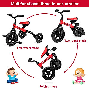 Ancaixin 3 in 1 Toddler Tricycles for 2-5 Years Old Boys and Girls with Detachable Pedal and Bell | Foldable Baby Balance Bike Riding Toys for Kids | Infant Birthday New Year Red