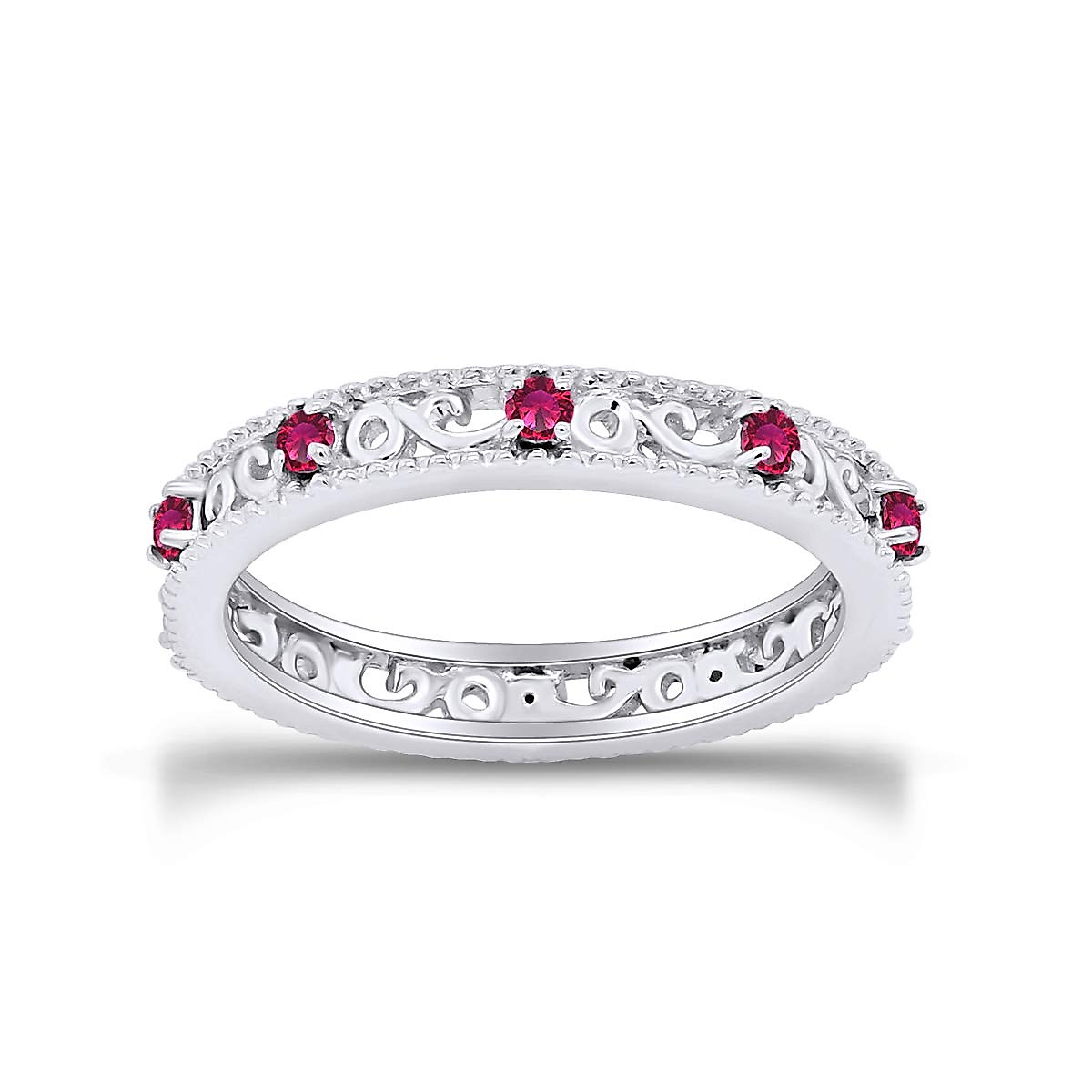 Jewel Zone US Round Cut Simulated Red Ruby Stackable Ring in 14K White Gold Over Sterling Silver