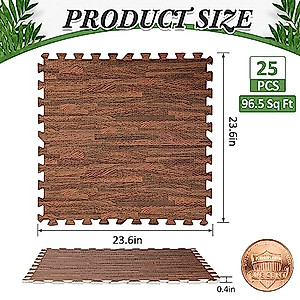 Amylove 96.5 Sq. ft Wood Grain Mats Foam Tiles 23.6 x 23.6 25 Pcs Inch Interlocking Foam Floor Mats EVA Floor Tiles for Kids Adults Playroom Bedroom Farmhouse Flooring(Brown)