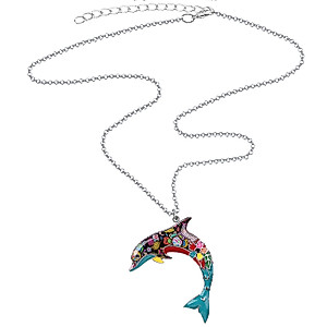 BONSNY Ocean Collection “BLUE” Statement Enamel Alloy Dolphin Necklace Pendant 18" (Multicolor)