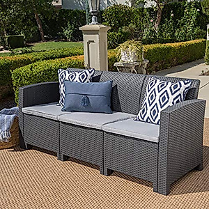 Christopher Knight Home St. Lucia Outdoor 3-Seater Faux Wicker Rattan Style Sofa with Water Resistant Cushions, Charcoal / Light Grey