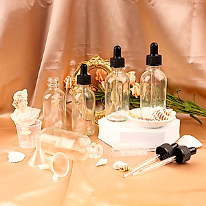 Comrzor 24 Pack 2oz Clear Glass Bottles with Glass Eye Droppers for Essential Oils, Perfumes & Lab Chemicals (Brush, Funnels, 2 Extra Droppers, 36 Pieces Labels & 30ml Measuring Cup Included)