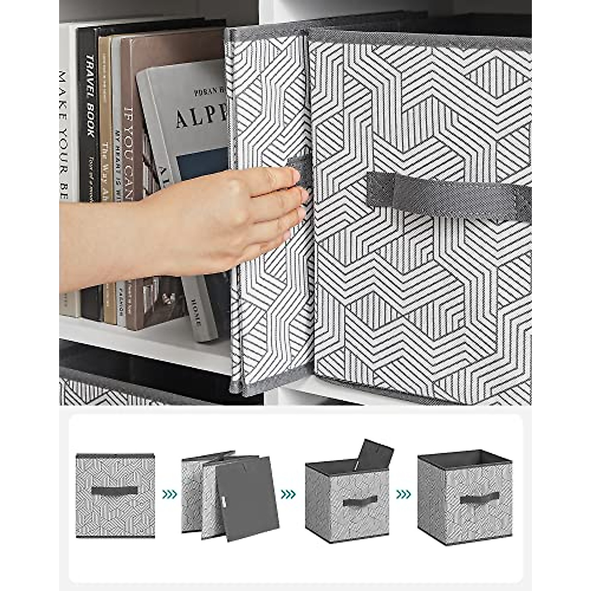 SONGMICS Storage Cubes, Set of 6 Non-Woven Fabric Storage Bins, Cube Drawers for Shelves and Closet Storage, Foldable, for Clothes Toys, Gray with Zigzag Pattern UROB016G01