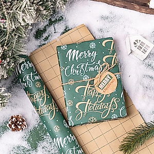 RUSPEPA Kraft Christmas Wrapping Paper Roll - Mini Roll - Green White Gold Greeting Design for Holiday Gift Wrap - 17 Inches X 32.8 Feet