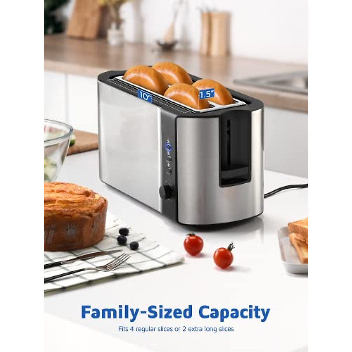 DyBaxa Stainless Steel Toaster 4 Slice, Toaster 2 Slice Long Slot, Compact 4 Slice Toaster Wide Slot for Bagel Sourdough Artisan Croissant Muffin, 6 Browning Control, Warming Rack, Removal Crumb Tray