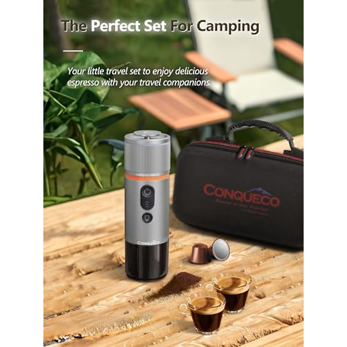 CONQUECO Portable Espresso Coffee Machine: 12V Electric Small Travel Expresso Maker - Self Heating 8 Cups Battery Powered Compatible for Nespresso Capsule - for Camping RV Hiking Office (w/Handbag)