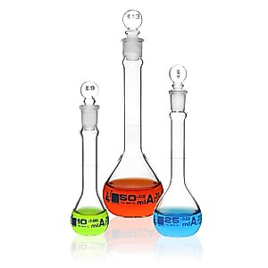 EISCO Premium Volumetric Flask Set - 10ml, 25ml & 50ml - Class A, ASTM E288 - Superior Durability & Chemical Resistance - Glass Penny Stoppers - Borosilicate 3.3 Glass