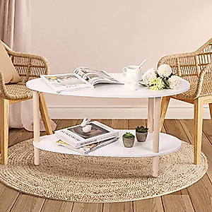Oval Coffee Table, Small Wood Coffee Table for Living Room, Mid Century Modern Coffee Table for Home Office, 2-Tier Sofa Table, White, 15.7'' D x 31.5" W x 17.2" H