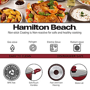 Hamilton Beach Low Dutch Oven Pot 12 Inch Red, Nonstick Cooking Pot with Soft Touch Bakelite Handle & Glass Lid | Superb Heat Conduction Deep Fryer Pot, Multipurpose Use