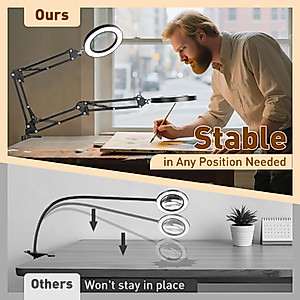 5X Magnifying Glass with Light and Stand, KIRKAS 2-in-1 Real Glass Lens Magnifying Desk Lamp with Clamp, 3 Color Modes, Stepless Dimmable Magnifier Light for Close Work Repair Reading Crafts- Black