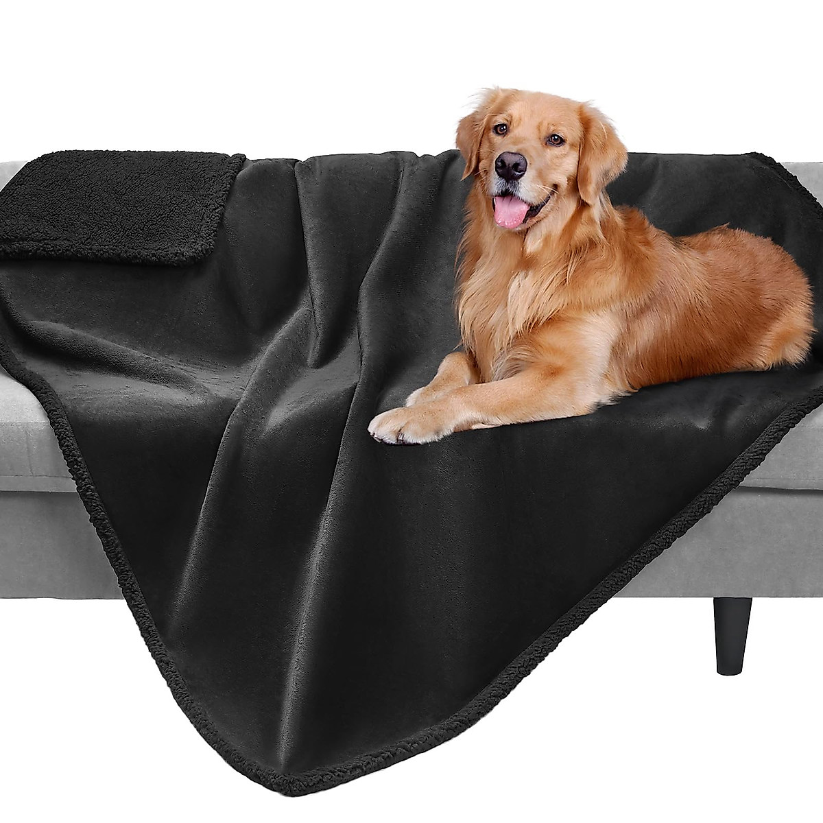LINENLUX Large Dog Blankets Waterproof Couch Cover for Bed Pet Washable Thickened Furniture Protector Sherpa Fleece Reversible, Black 85" x 57"