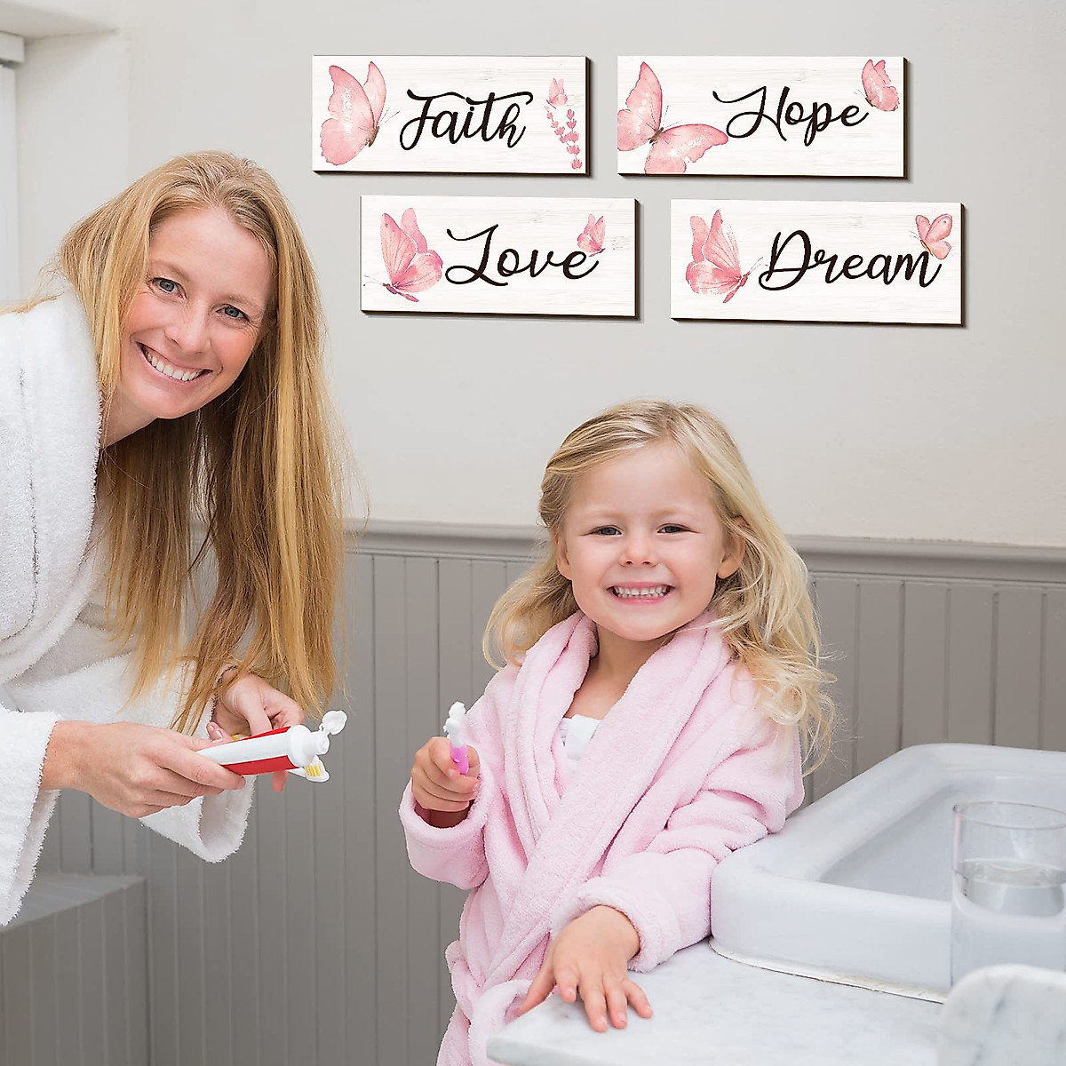 4 Pieces Faith Hope Love Dream Wall Decor Elegant Spring Butterfly Wooden Hanging Decoration Art Butterfly Room Wall Rustic Living Room Accessories for Bedroom Decor(10 x 4 x 0.2 Inch,Pink)