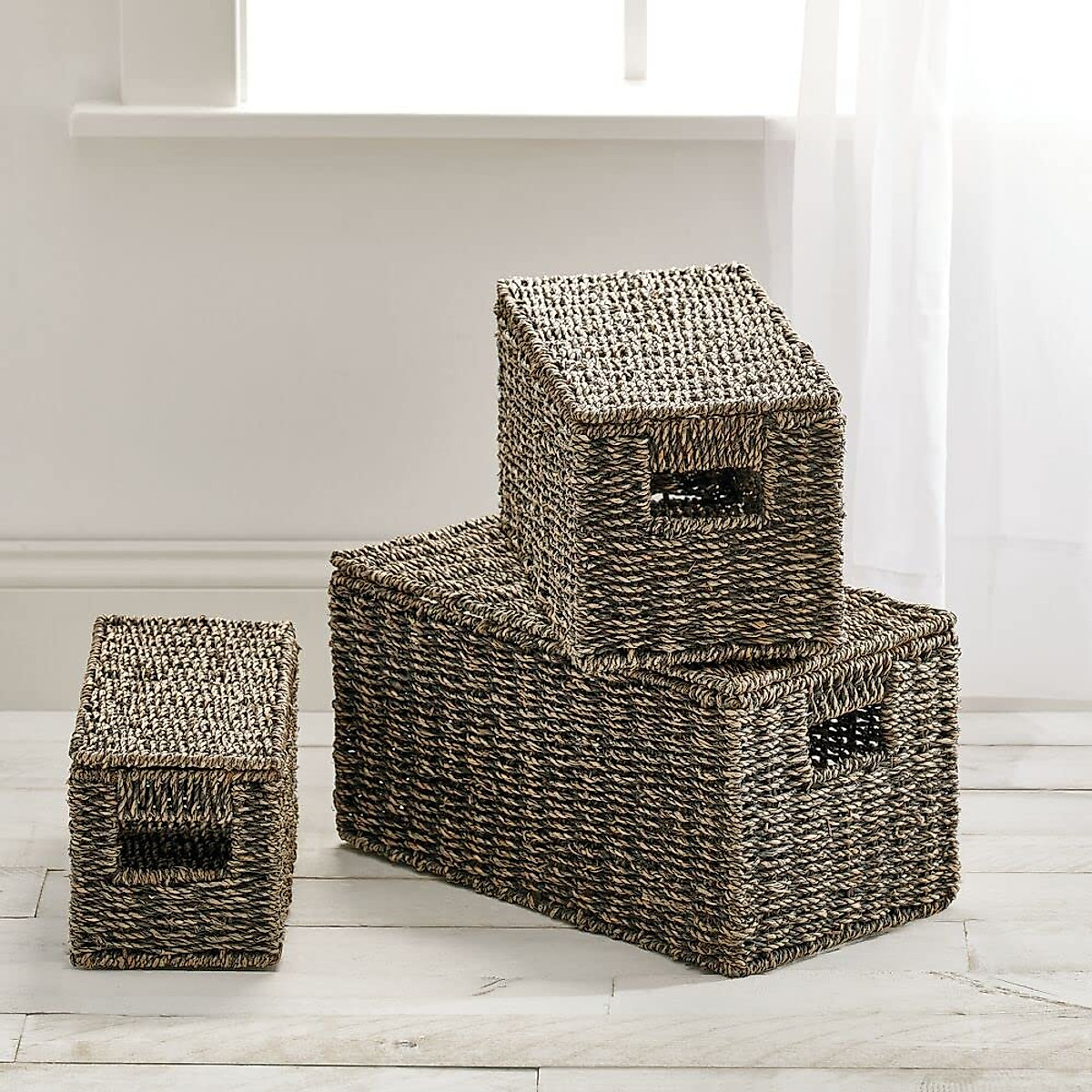 mDesign Natural Woven Seagrass Closet Storage Organizer Basket Bin with Removeable Lids to use in Closet, Bedroom, Bathroom, Entryway, Office - Set of 3 - Black Wash Finish