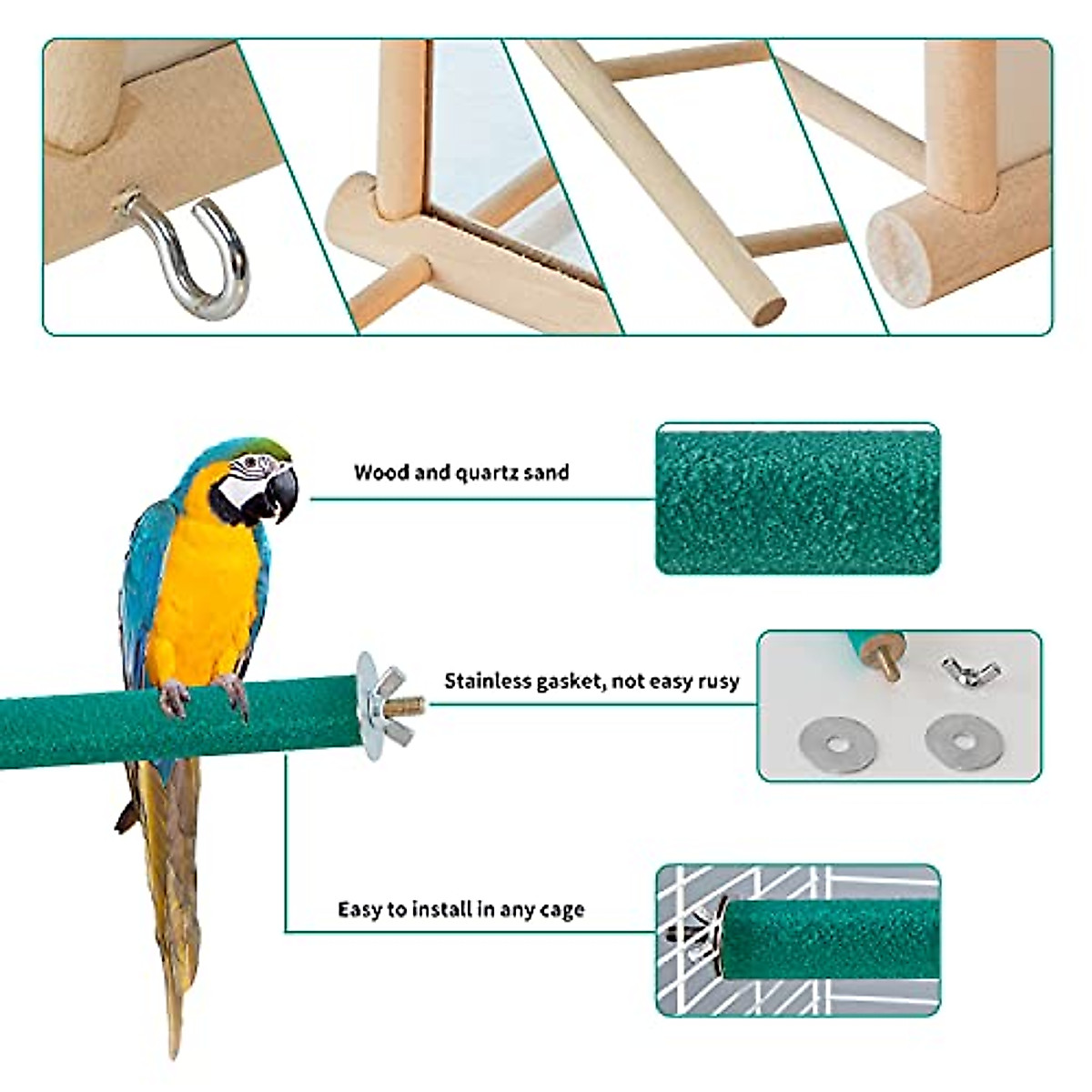 VECELA Parrot Toys, Bird Parrot Toys Set - Parrot Chewing Toys Knots Blocks, Parrot Mirror, Bird Perches - Bird Cage Toys for Budgies, Parakeets, Cockatiels, Conures, Lovebirds, Small or Medium Birds