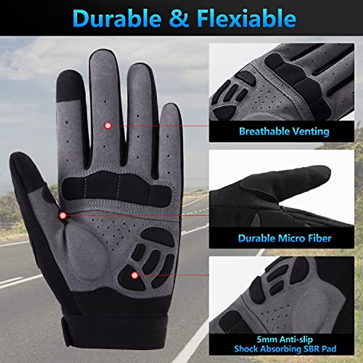 FIORETTO Mountain Bike Gloves for Men Women Motorcycle Cycling Gloves with 5MM SBR Pad Touch Screen Knuckle Protection Motocross Gloves for BMX ATV MTB Racing