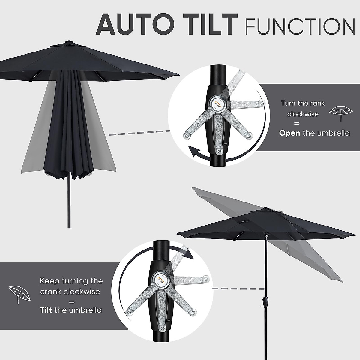 Tempera 9ft Patio Market Outdoor Table Umbrella with Auto Tilt and Crank,Large Sun Umbrella with Sturdy Pole&Fade resistant canopy,Easy to set, Space Grey