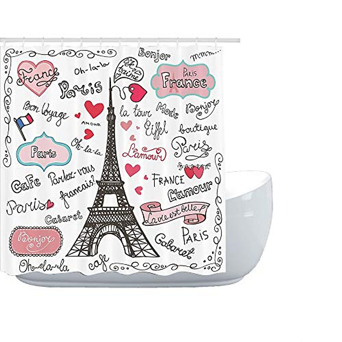 Amagical Paris Tower Decor Collection France Paris Oh La La Eiffel Tower Pattern 3 Piece Bathroom Mat Set Shower Curtain Set Bath Mat Contour Mat and Shower Curtain with 12 Hook
