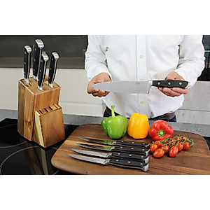 Taylor's Eye Witness Premier 9 Piece Kitchen Knife Wooden Block Set- Paring, All Purpose, Cook's, Santoku, Bread & 4 Steak Knives In Acacia Wood Holder. Full-Tang Triple Rivet. 15 YEAR GUARANTEE
