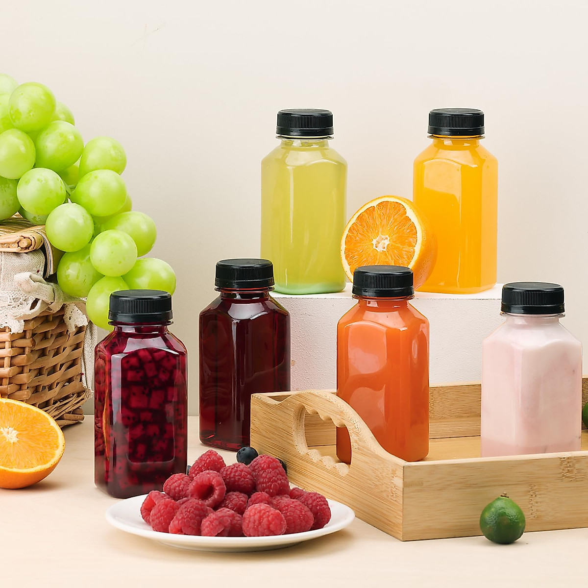 Moretoes 64pcs 8oz Juice Bottles, Juice Bottles with Tamper Evident Caps, Reusable Juicing Bottles Bulk for Juice Milk Smoothie and Other Beverages