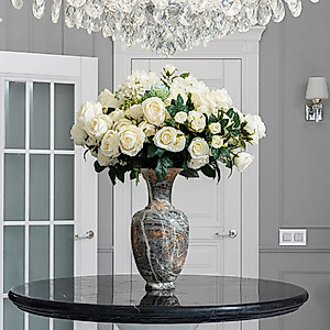 Kisflower 12Pcs White Roses Artificial Flowers, Realistic Single Stem Flowers Silk Rose Bouquet for Wedding Party Office Home Decor (White)