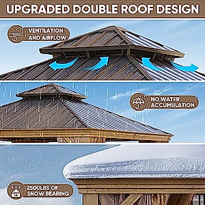 Endark 12x12FT Hardtop Gazebo with Galvanized Steel Double Roof, Outdoor Wood-Look Aluminum Frame Canopy with Netting and Removable Zippered Curtains, Pergolas for Patio, Garden, Lawn and Backyard