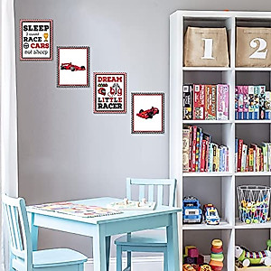 LHIUEM Race Car Wall Decor Sport Car Canvas Poster(8”X10”) Racing Mosaic Frame Wall Printed Hot Wheels Wall Art Big Dream Little Racer Wall Paintings for Boys Bedroom Playroom Classroom Ready to Hang