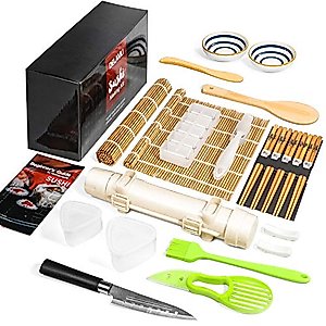 Delamu Sushi Making Kit, 23 in 1 Sushi Maker Bazooker Roller Kit with Bamboo Mats, Chef's Knife, Triangle/Nigiri/Gunkan Sushi Rice Mold, Chopsticks, Sauce Dishes, Rice Spreader, User Guide