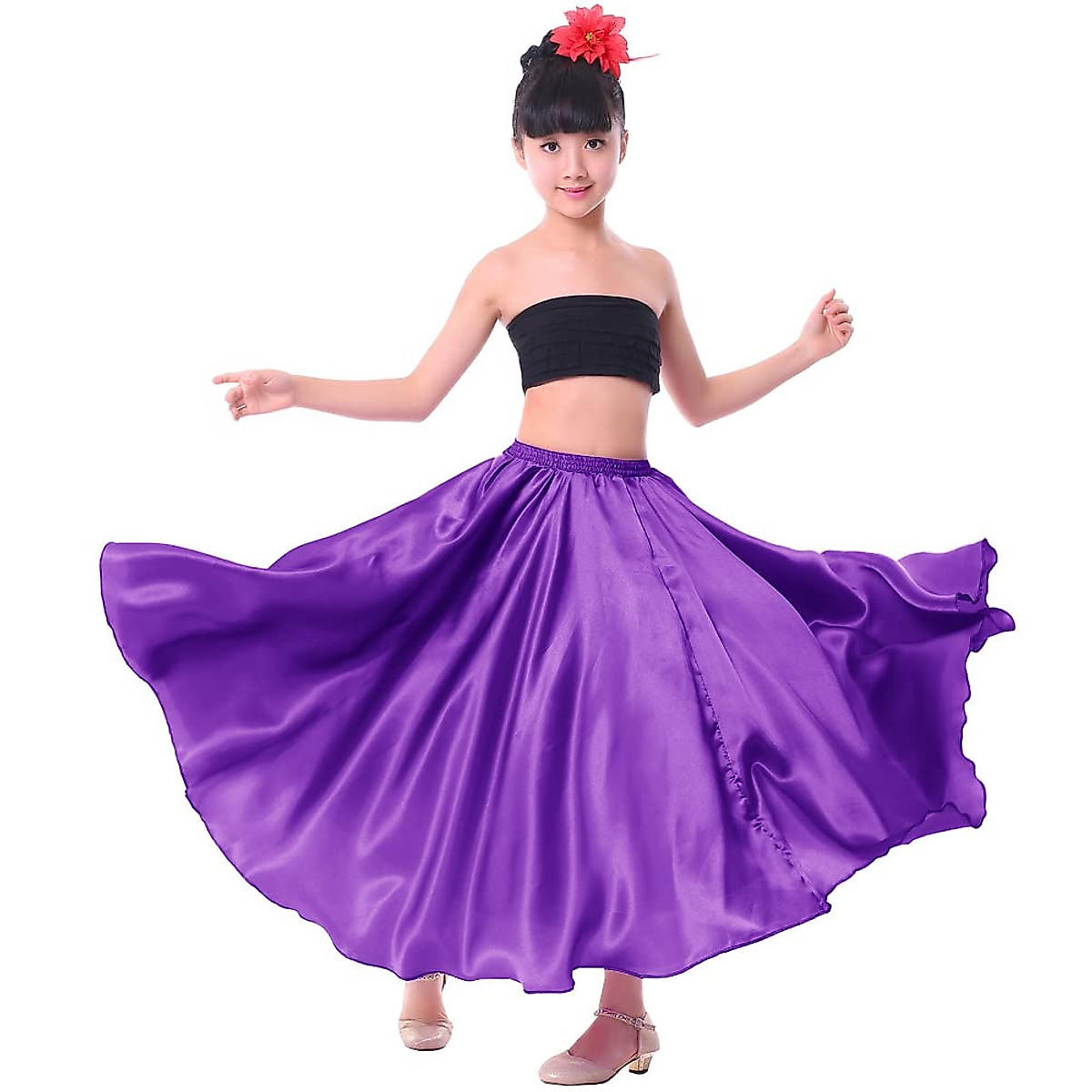 Girls Satin Full Long Skirt for Circle Belly Dance Folkloric Mexican Performance Prom Photoshoot (as1, Age, 5_Years, 7_Years, Purple)
