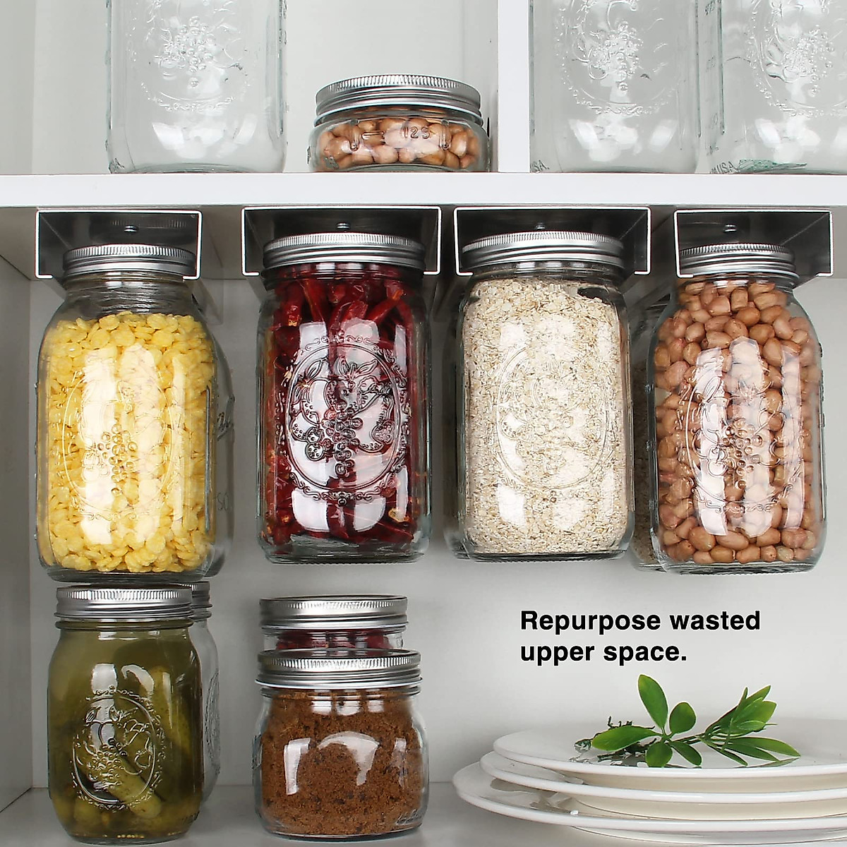 lopeztek Mason Jar Organizer Holder Rack for Food Storage, Under Cabinet Shelf Canning Hanger Accessories for 4oz, 8oz, 12oz, 16oz, 24oz, 32oz, 64oz (2 Pcs-Regular)
