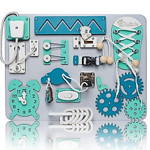 Sensory and Activity Busy Board for Toddlers - Made in Ukraine BD Gift for Boy and Girl, Baby, Kids, Children - Learning, Education, Travel (Gray Blue Mint) Wooden