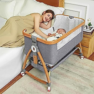 Mereryi Baby Bassinets Bedside Sleeper for Baby,Bassinet Bedside Sleeper with Wheels,Storage Basket,Mosquito Nets,Easy to Assemble Bassinet for Newborn/Infant,Adjustable Bedside Crib,Portable Baby Bed