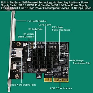 FebSmart 1X USB-A & 1X USB-C 10Gbps Ports PCIE USB 3.1 GEN2 Expansion Card for Windows 11, 10, 8.x, 7 (32/64bit), Windows Server, MAC OS and Linux PCs, Built in Self-Powered Technology (FS-AC-Pro)