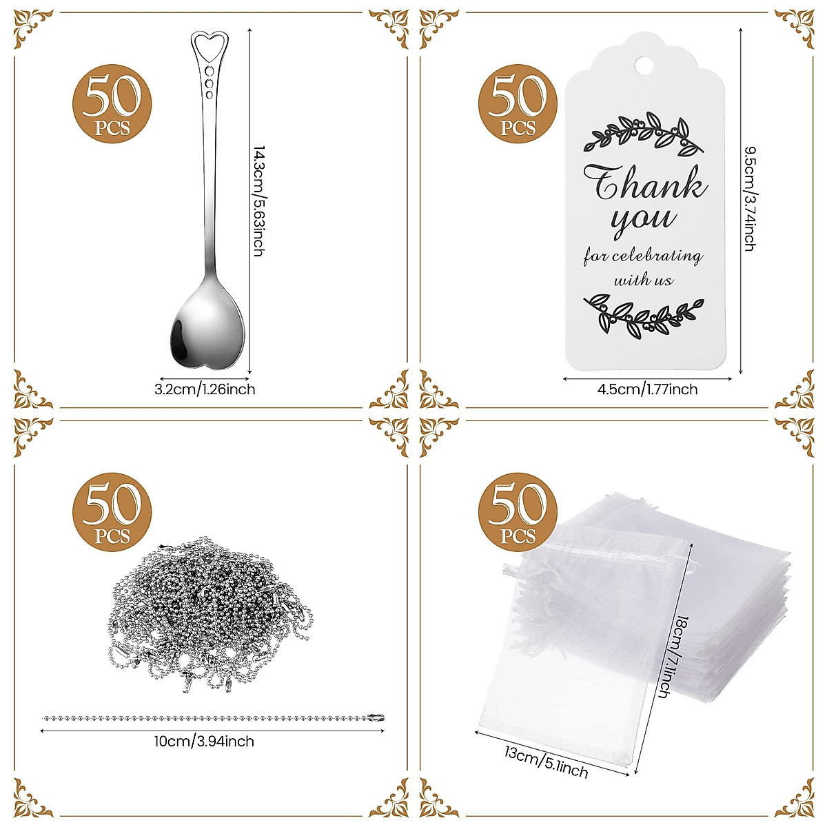 50 Sets Heart Shaped Tea Spoons Wedding Favor for Guests 5.63'' Heart Shaped Mini Spoons Creative Love Spoons with Sheer Bags Labels for Wedding Guest Souvenir Bridal Shower Tea Party Favors (White)