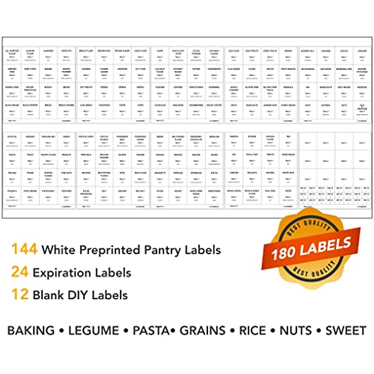 180 Kitchen Pantry Labels for Food Storage Containers, Preprinted Minimalist Food Labels for Jars, Waterproof Black Script Jar Label Stickers for Organization and Storage