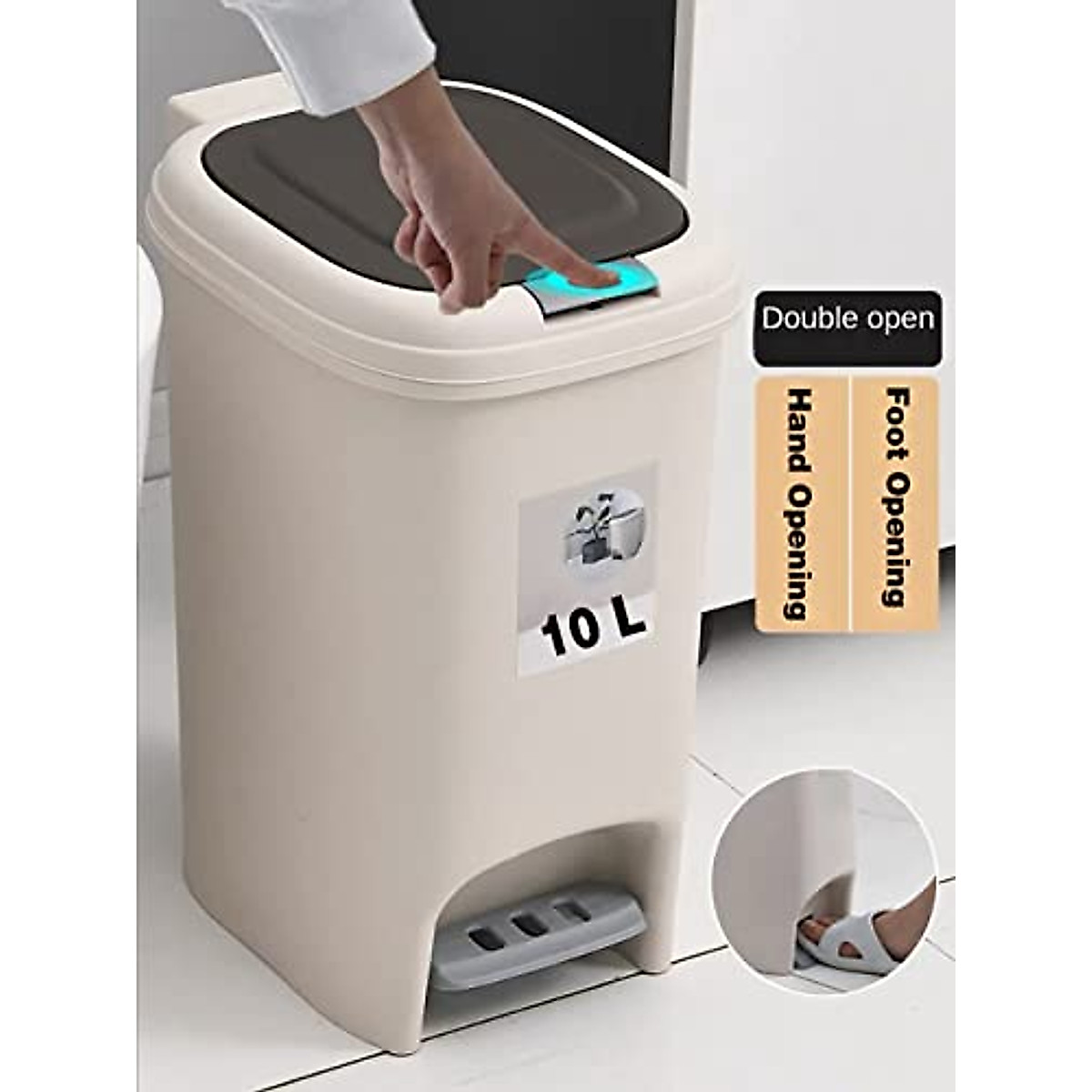 HAOHANR Bathroom Trash Can Soft-Close,2.6 Gallen Small Trash Can with Lid and Foot Pedal, 10 Litter Trashcan Removable Handle Inner Bucket for Bedroom,Kitchen,Powder Room(Khaki)