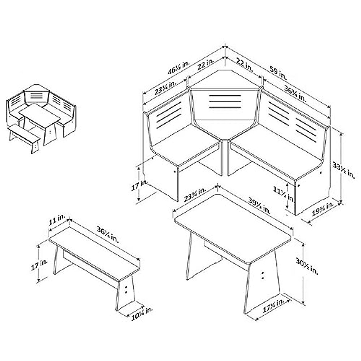 Urban Home Furniture Chapman 2 Tone Natural/Grey Solid Wood Corner Dining Set, Reversible Breakfast Nook