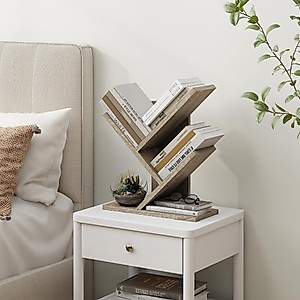 Tajsoon 3 Tier Tree Bookshelf, Small Bookshelf, Desktop Bookshelf Floor Standing Bookcase Display for CDs/Magazine/Books, Book Organizer Shelves for Bedroom, Living Room, Office, Greige