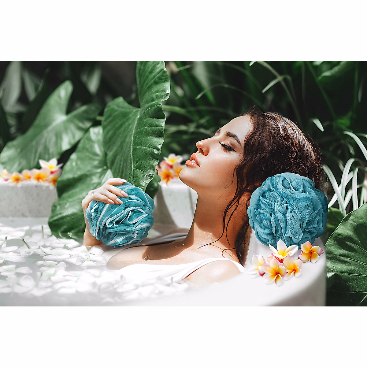 Loofah Bath Sponge XL 75g Set of 4 Ocean Colors by À La Paix - Soft Exfoliating Shower Lufa for Silky Skin - Long-Handle Mesh Body Poufs- Women and Men’s Luffas - Loufa Sponges- Full Cleanse & Lather