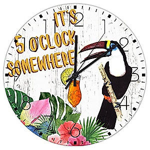 Autravelco Wooden Wall Clock Round Silent Non-Ticking It's Five O'clock Somewhere Beautiful Wall Clocks Tiki Bar Pool Hot Tub Luau Wooden Wall Decor for Nursery Patio Cabin 10 Inch
