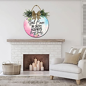 Girl Cave Sign, Girls Room Front Door Sign Baby Toddler Kids Bedroom Living Room Hanging Rustic Wood Farmhouse Nursery Toddler Room Decoration Girl Cave Round Door Hanging Sign 11"