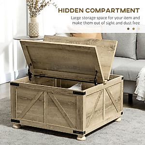 HOMCOM Farmhouse Coffee Table, 31.5" Square Coffee Table with Storage, Living Room Center Table with Hinged Flip Lift Top and Hidden Space, Oak