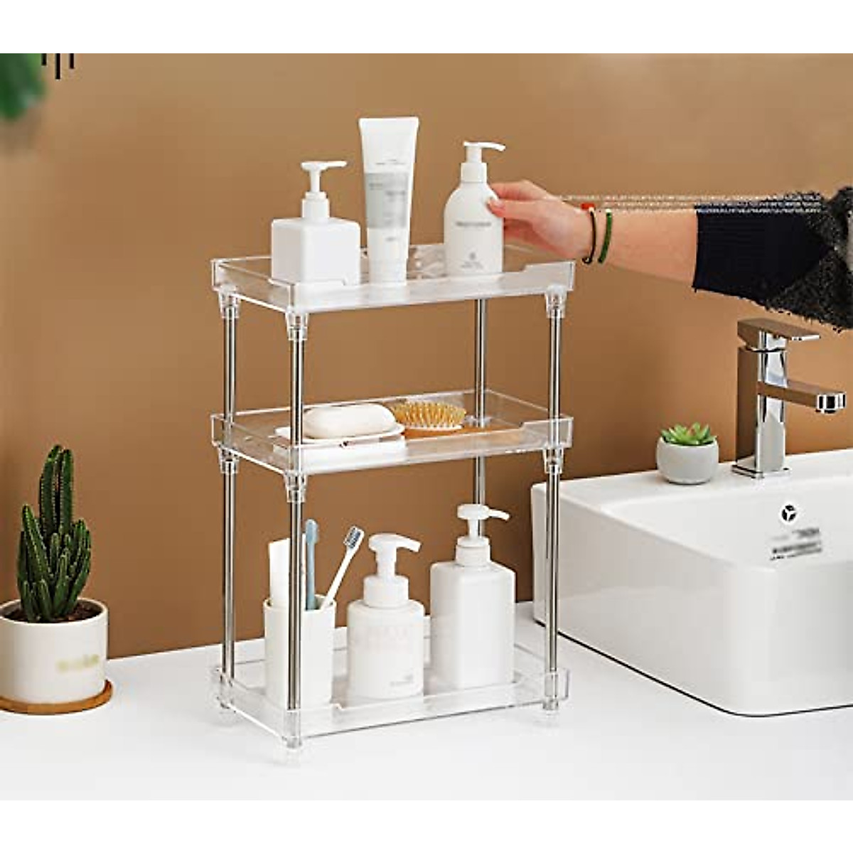 DYNSL Shower Caddy Countertop Acrylic Bathroom Organizer Trays, 3 Tier Standing Bathroom Holder Kitchen Storage Rack for Counter, Shelf for Bathroom, Desktop Makeup Organizer, Office
