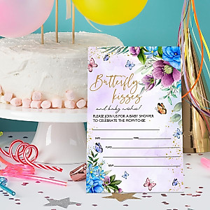 UDNADKEX Baby Shower Invitations for Girl Lavender Floral with Envelopes, Invites for Baby Showers Party Butterfly, Butterfly Kisses, 4"x6" Set of 20