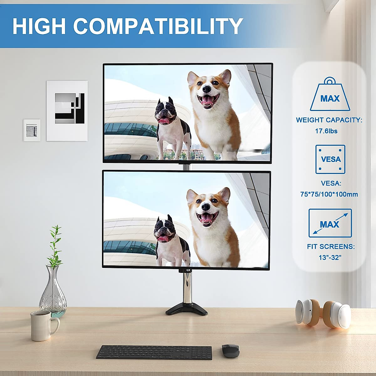 Joy Seeker Dual Monitor Desk Mount Stand, Vertical Stack Screen Monitor Riser Fits Two 13 to 32 inch LCD LED Screen with Height Adjustable, Tilt, Swivel, Holds up to 17.6lbs in Vertical Position