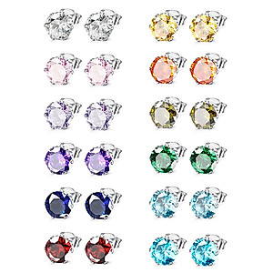 Jstyle Hypoallergenic Stud Earrings for Women Men Surgical Stainless Steel Birthstone Earrings Studs Colorful Cubic Zirconia Earrings Set Womens small Stud Post Earrings for Sensitive Ears