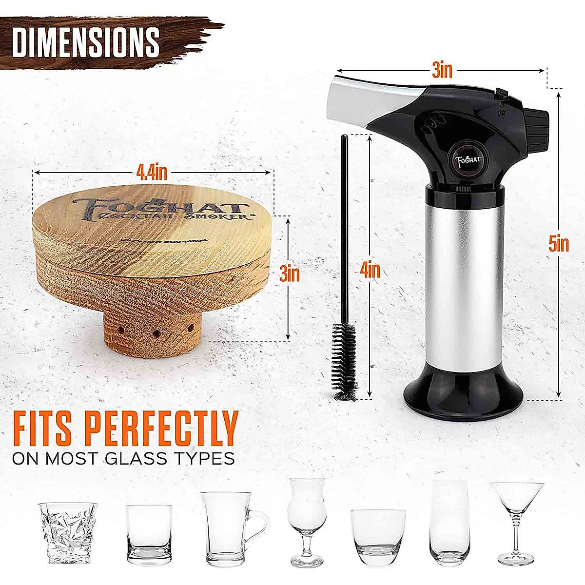 The Foghat Cocktail Smoker and Old Fashioned Smoked Cocktail Kit with Torch and Butane Refill - Bourbon Barrel Oak Wood Chips and 5 Singlez Bar Old Fasioned Mix Packets - Whiskey Smoker Kit For Drinks