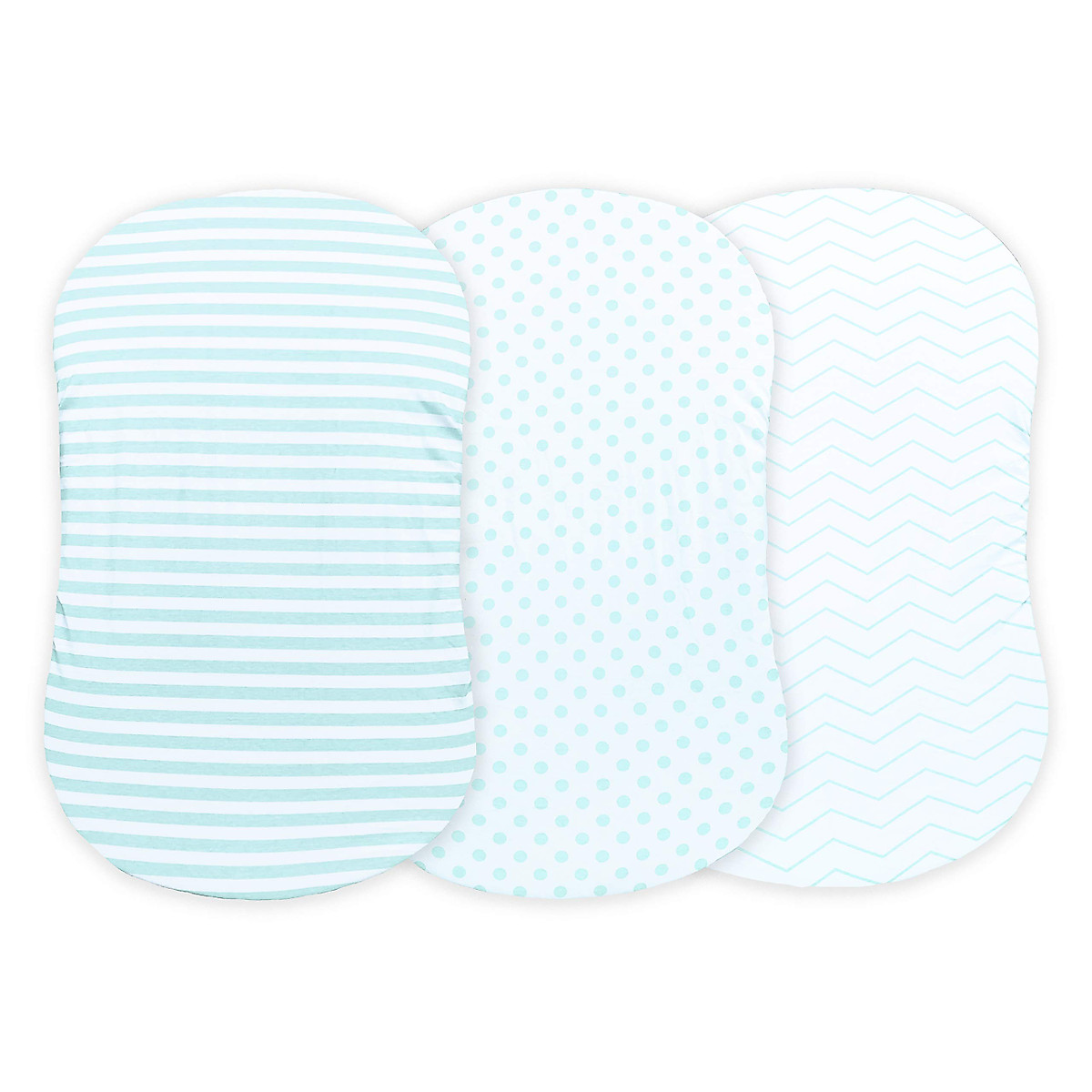 NODNAL CO. 3 Fitted Bassinet Sheets Mint Set Baby Girl/Boy - 100% Oeko-TEX Cotton - Gender Neutral Chevron Polka Dot Stripe Universal Fit - Cradle/Moses Basket Hourglass Oval Rectangle Mattress Sheet