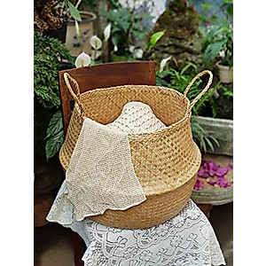 Chinoxinh Seagrass Woven Belly Basket with Handles - Multipurpose Handmade Wicker Rural Storage for Plant, Pot Decor, Laundry, Clothes, Blanket, Grocery and Outdoor Picnic (Original XXX-Large 14x16in)