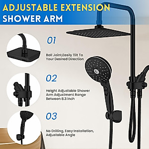 Ryamen Dual Shower Head Combo, Black 8'' High Pressure Rain/Rainfall Shower Head,5 Settings Adjustable Handheld Showers,with 15" Height Adjustable Slide Bar,Holder/59’‘ Hose