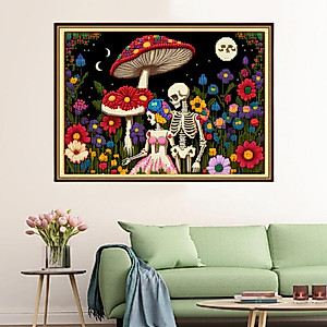 Findvoor Stamped Cross Stitch Kits for Beginners Full Range of Cross Stitching Embroidery Pattern for Kids or Adults, 11CT DIY Needlepoint Embroidery Starter Kits-Skeleton Couple 15.7x19.7 inch